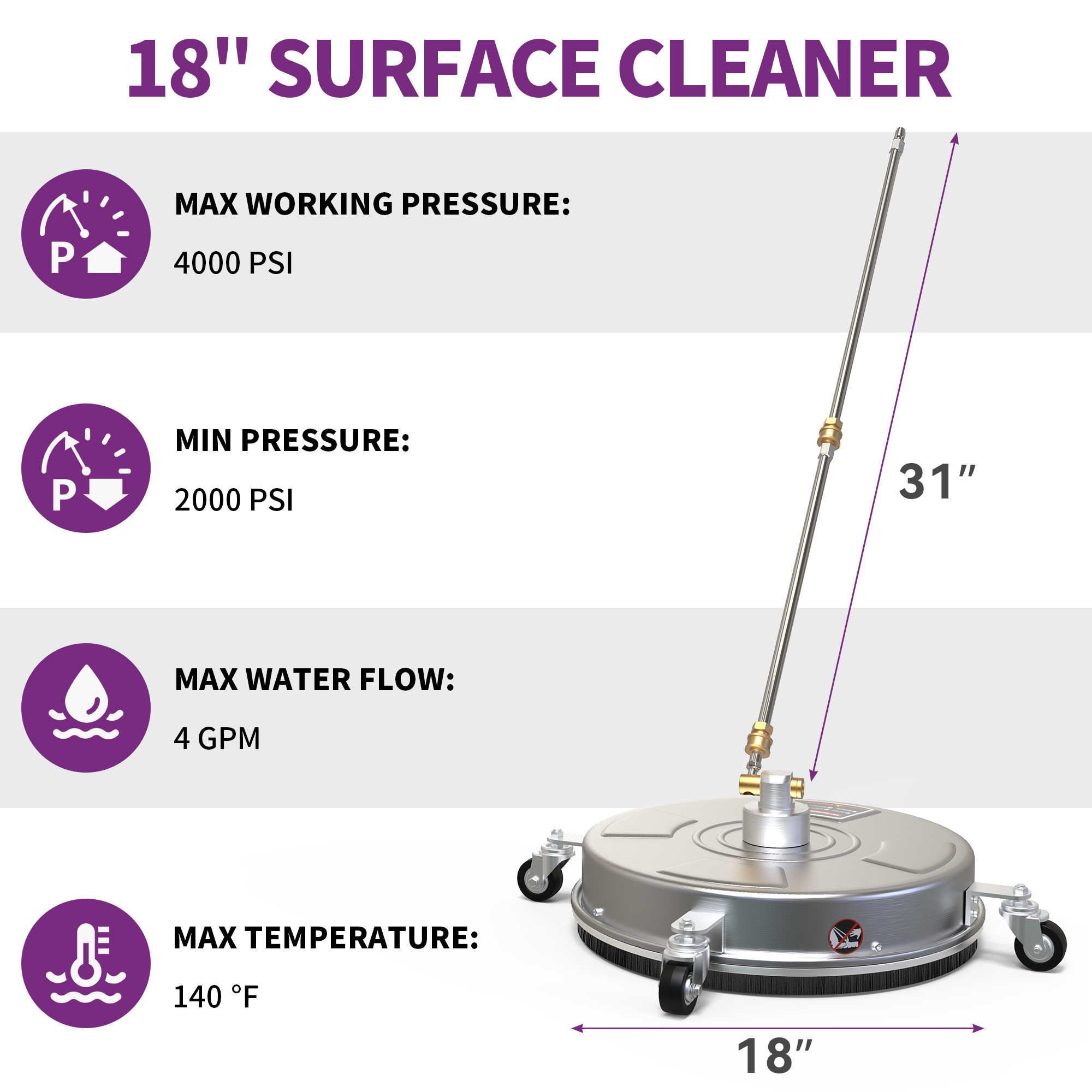 13/15/16.5/18/20" High Pressure Washer Surface Cleaner Stainless Steel
