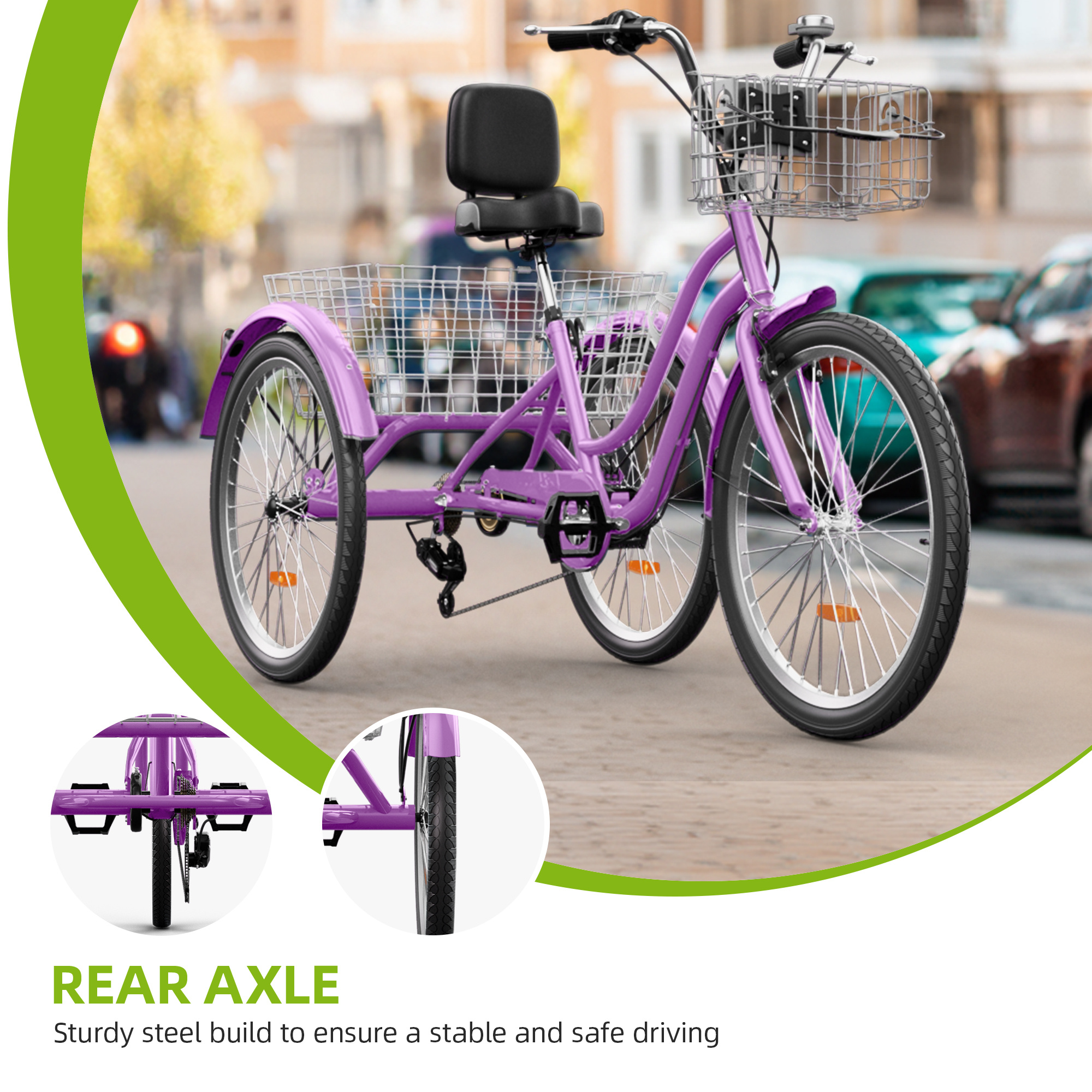 PRACTIUM 24&26" 3-Wheel Bikes 7 Speed Trike for Adults Cruiser Bike w ...